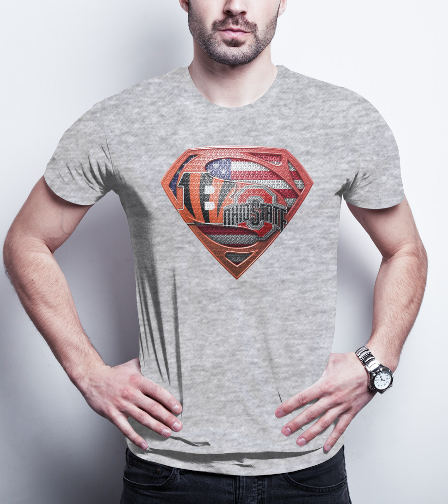 Superman Shield With Cincinnati Bengals Tiger Stripes Ohio State Logo And American Flag T-Shirt