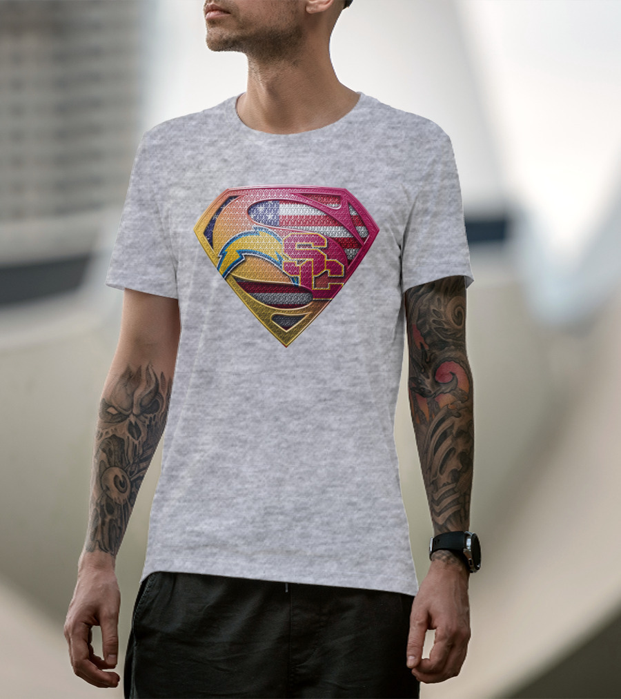 Superman Chargers Trojans American Flag Emblem On Gray T-Shirt