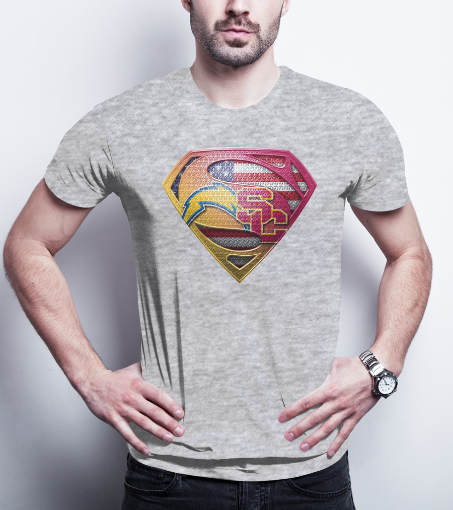 Superman Chargers Trojans American Flag Emblem On Gray T-Shirt