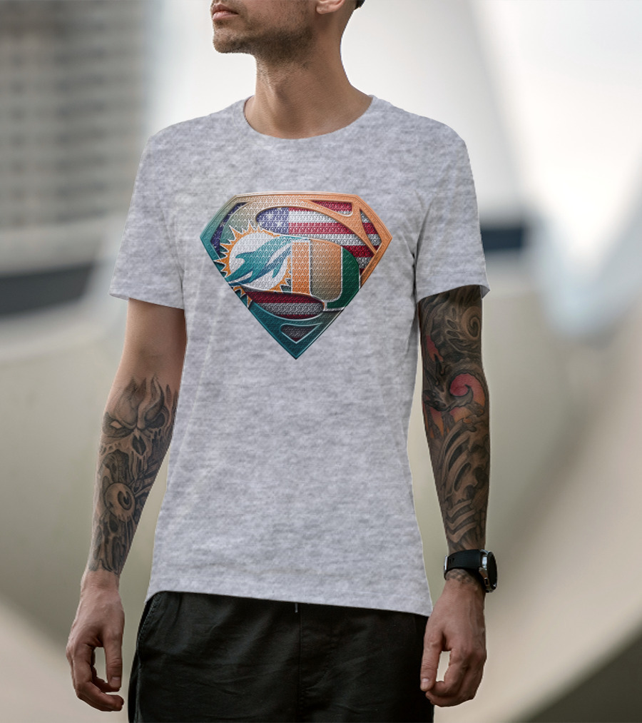 Miami Dolphins University Of Miami Superman Logo With American Flag T-Shirt
