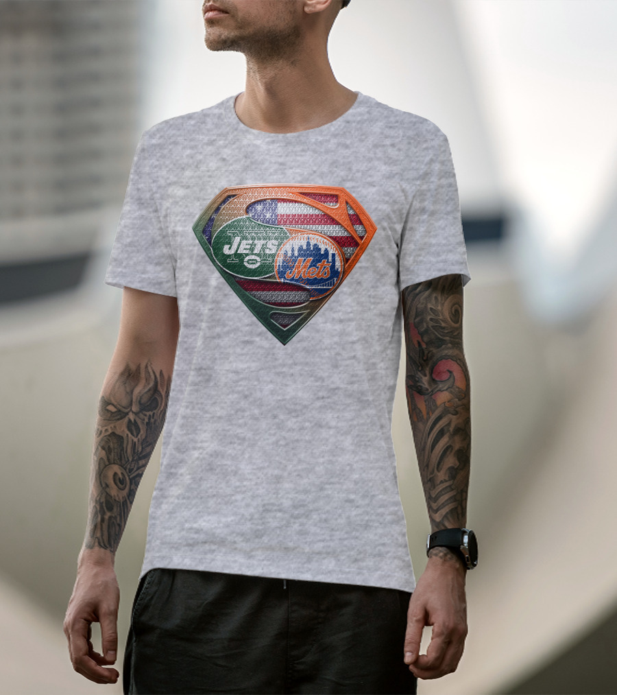 New York Jets Mets Logo With American Flag And Superman Shield T-Shirt