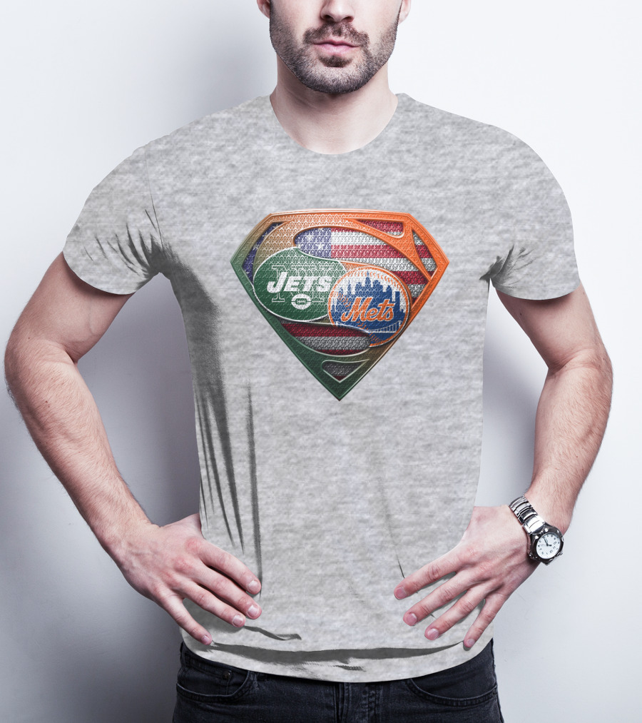 New York Jets Mets Logo With American Flag And Superman Shield T-Shirt