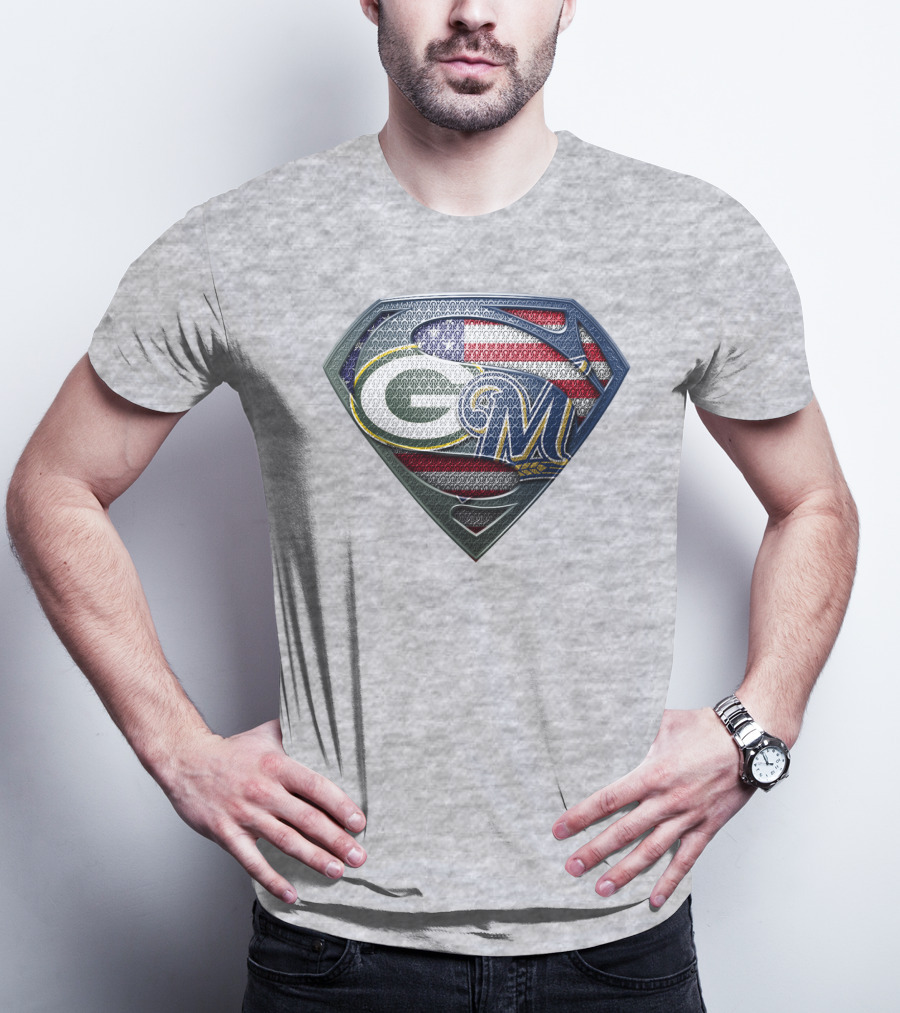 Green Bay Packers Milwaukee Brewers American Flag Superman T-Shirt