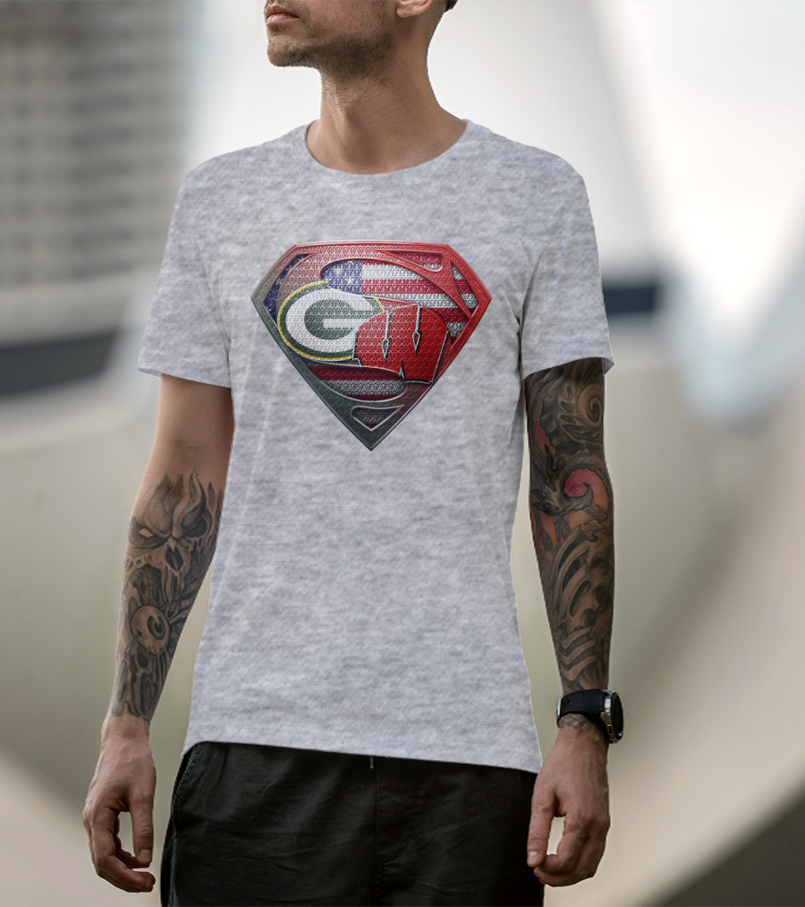 Green Bay Packers Wisconsin Badgers American Flag Superman Shield T-Shirt