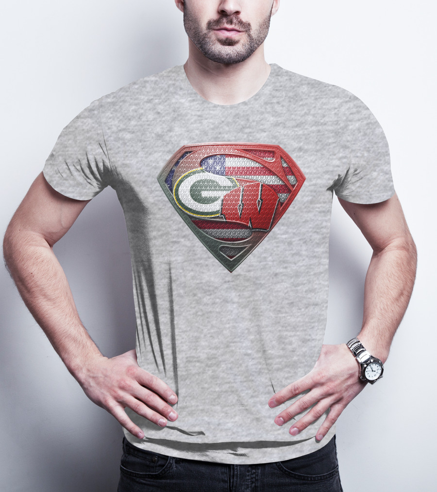 Green Bay Packers Wisconsin Badgers American Flag Superman Shield T-Shirt