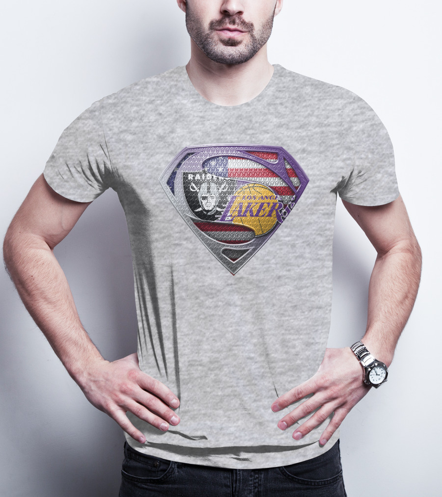 Los Angeles Lakers Raiders American Flag Superman Shield T-Shirt