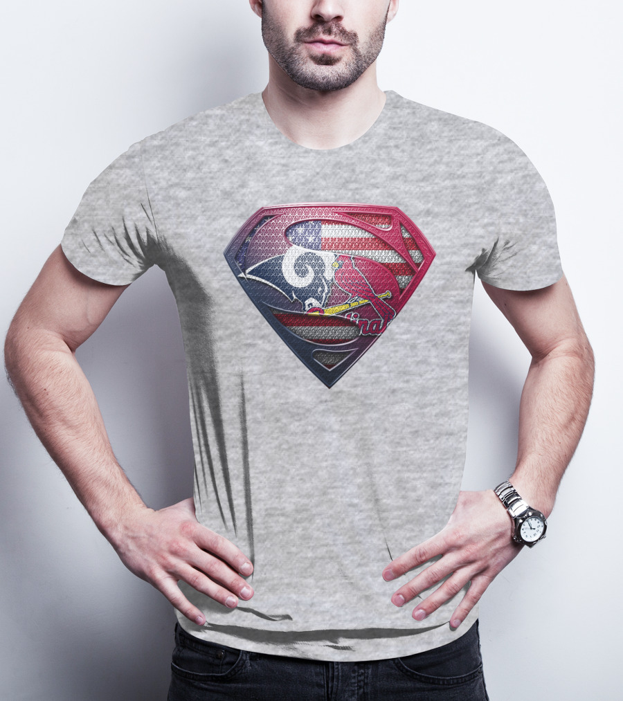 Superman Logo With St. Louis Rams And Cardinals Nfl And Mlb Team Fusion T-Shirt