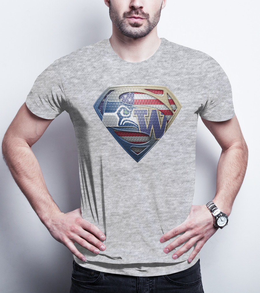 Superman Logo Seahawks W American Flag Hybrid T-Shirt