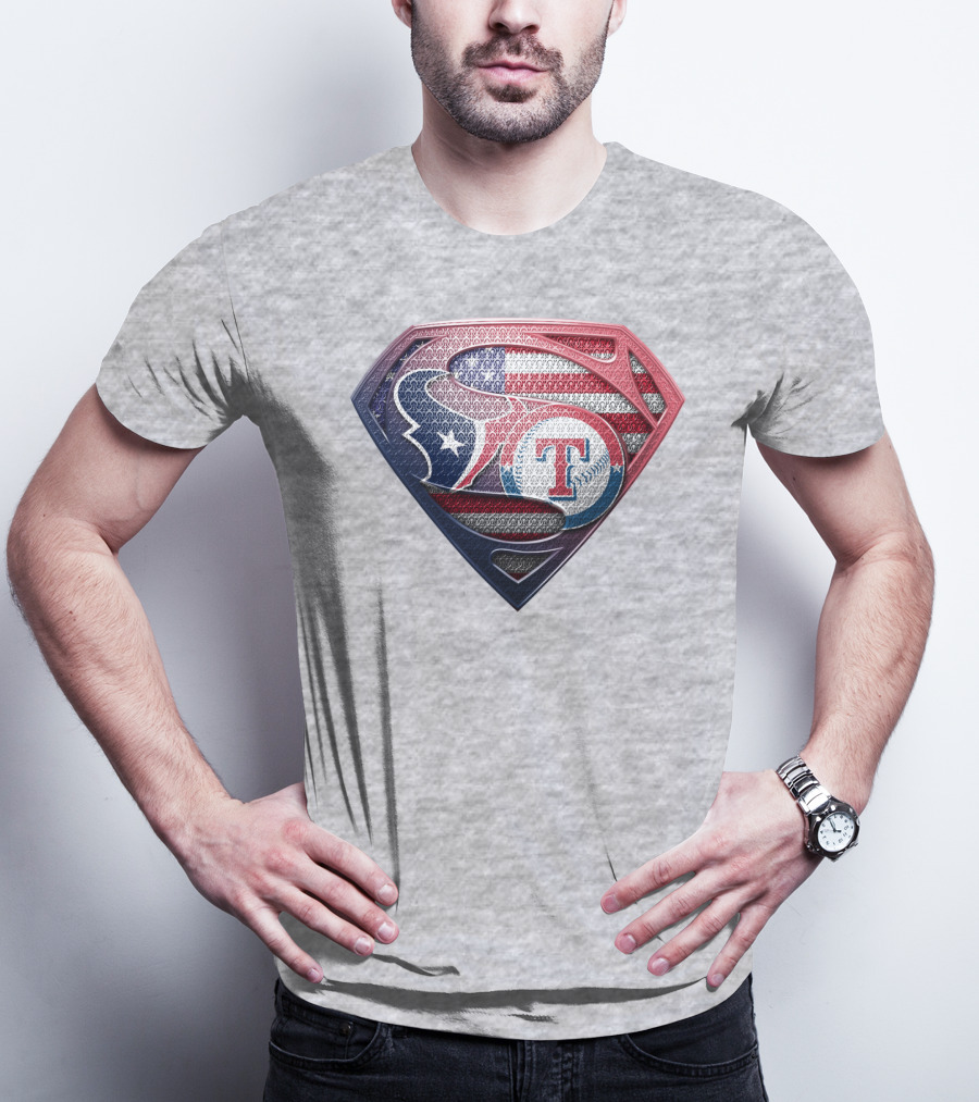 Superman Shield Houston Texans And Texas Rangers American Flag T-Shirt