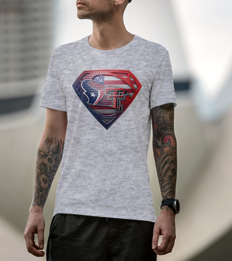Superman Shield Texas Tech Red Raiders Houston Texans Usa Flag T-Shirt