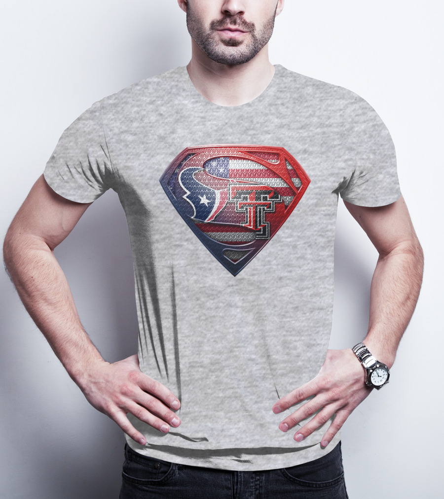 Superman Shield Texas Tech Red Raiders Houston Texans Usa Flag T-Shirt