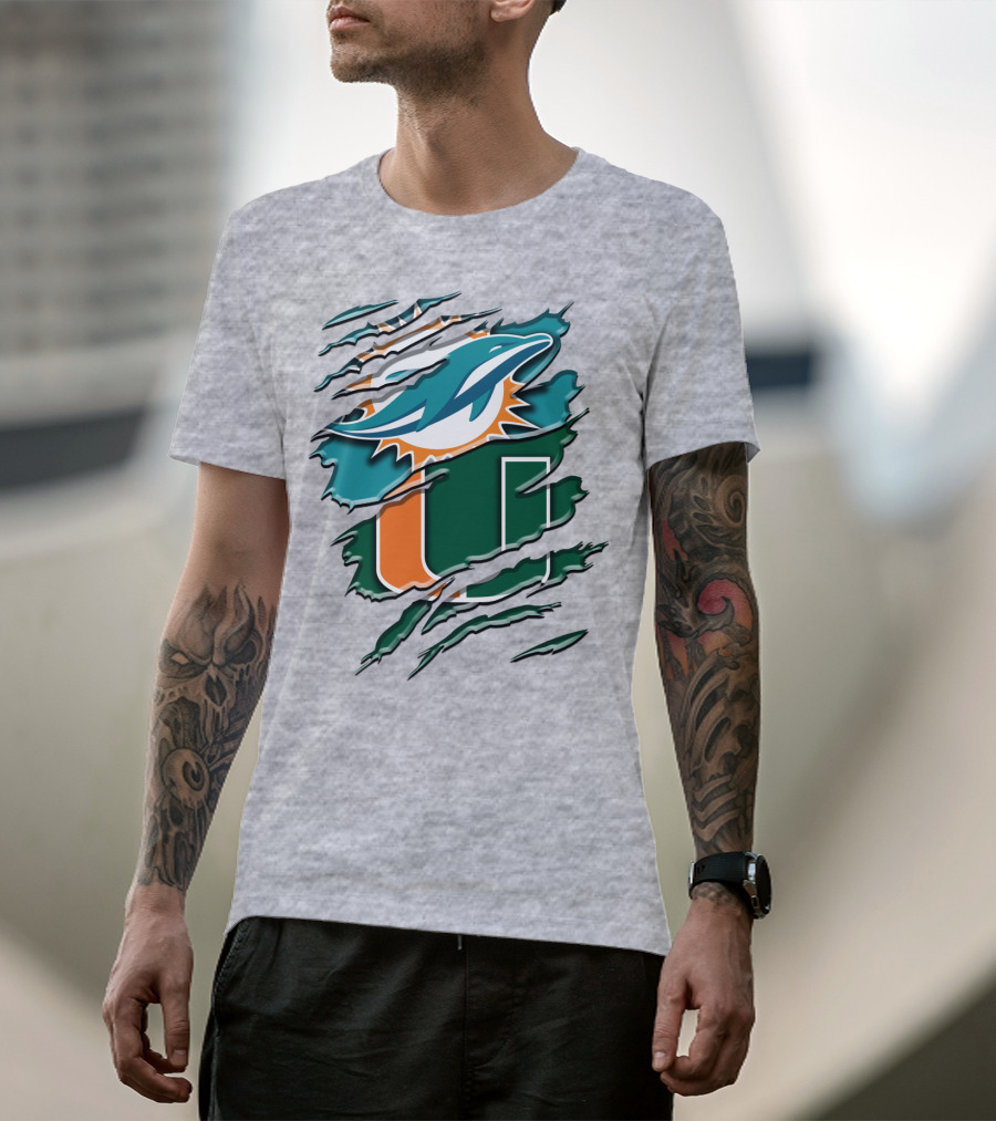 Miami Dolphins And University Of Miami Hurricanes Torn Design Rah 052 T-Shirt