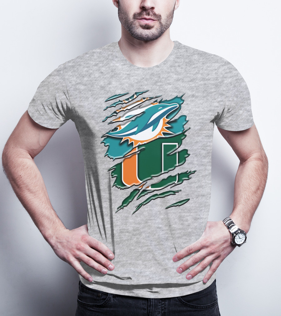 Miami Dolphins And University Of Miami Hurricanes Torn Design Rah 052 T-Shirt