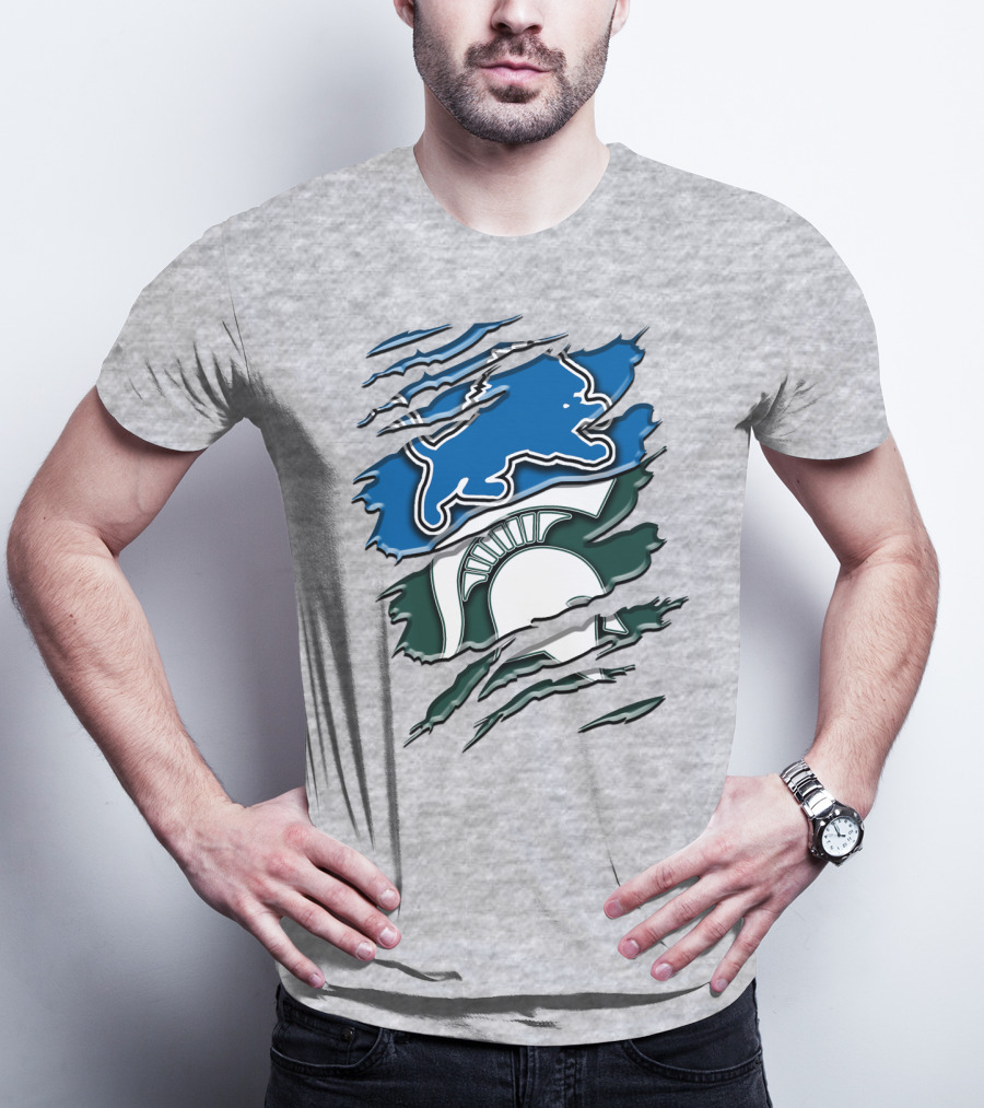 Detroit Lions Michigan State Spartans Ripped Claw Scratch Design Rah 076 T-Shirt