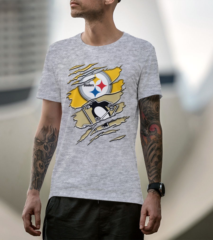 Steelers Penguins Torn Scratches Logo Collaboration T-Shirt