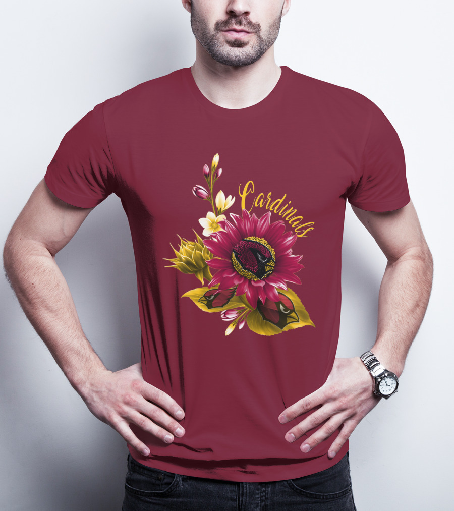 Cardinals Floral Sunflower And Bird Art On Red T-Shirt