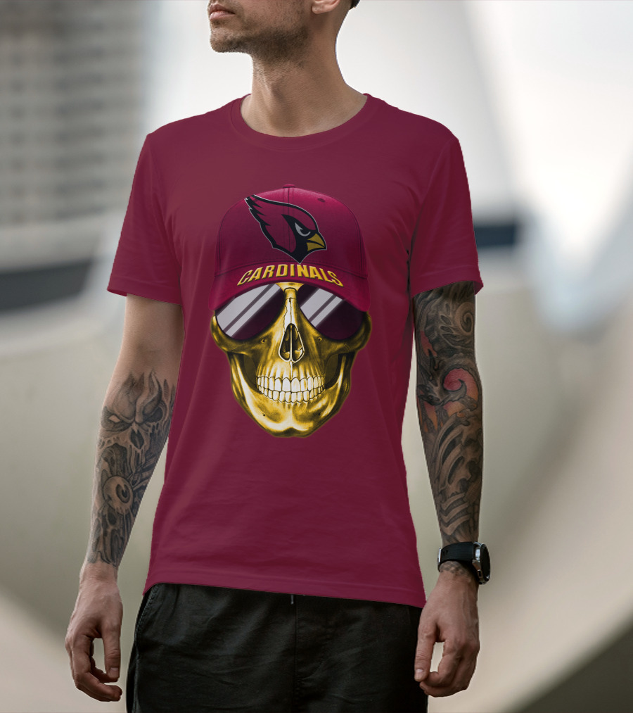 Arizona Cardinals Skull With Hat And Sunglasses T-Shirt