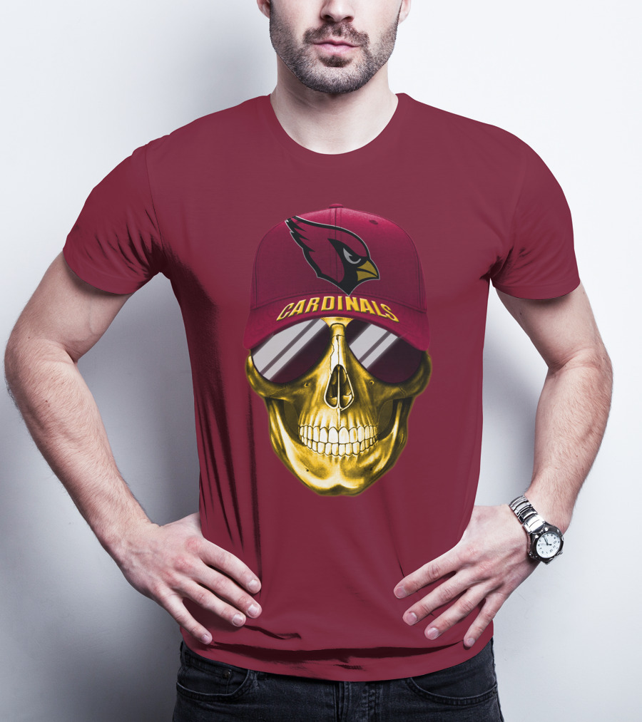 Arizona Cardinals Skull With Hat And Sunglasses T-Shirt