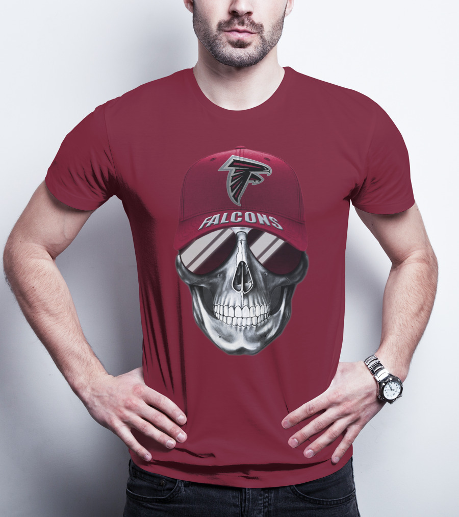 Atlanta Falcons Skull With Logo Hat And Sunglasses T-Shirt