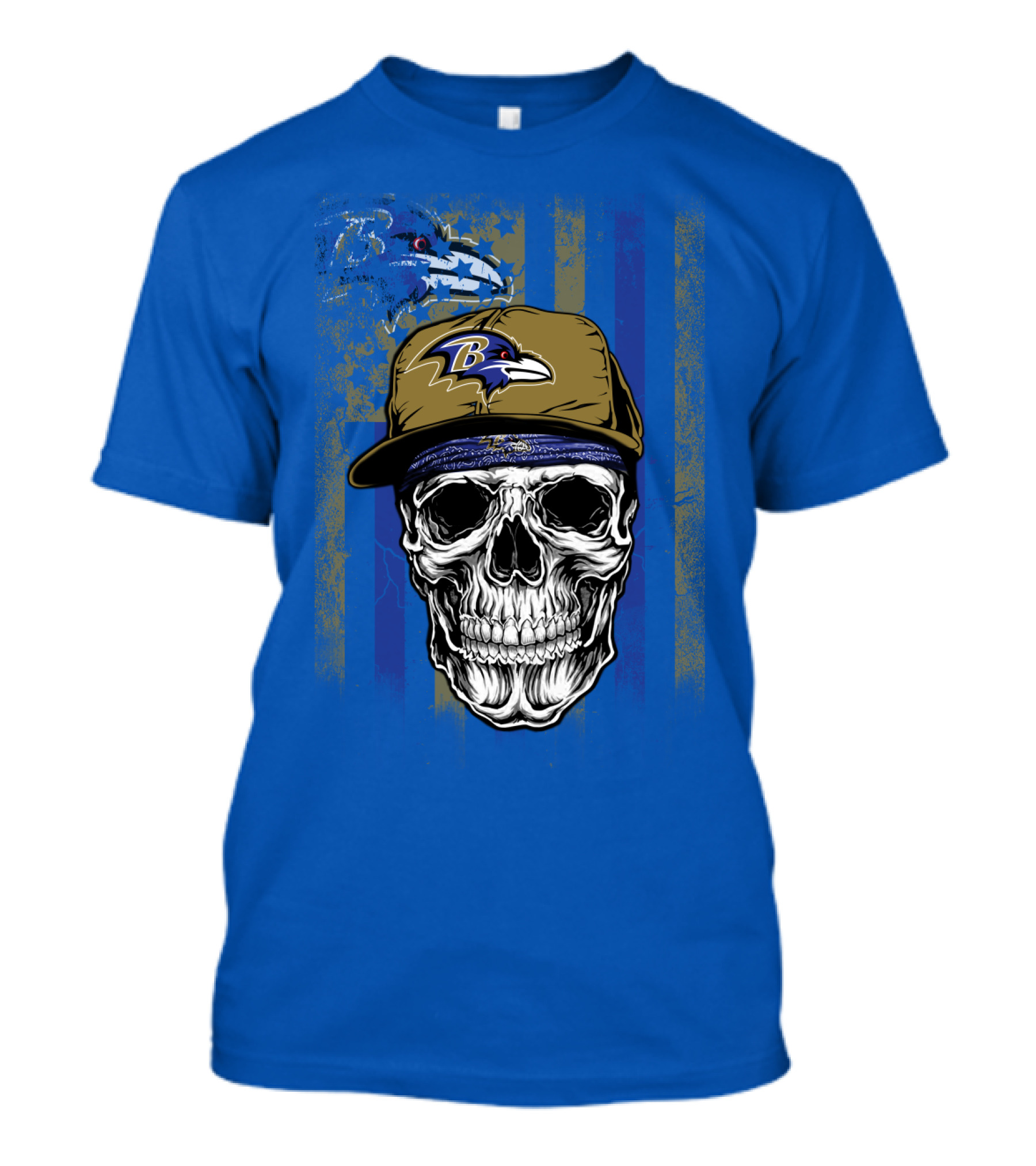 Baltimore Ravens Skull With Hat And Stylized Flag Elements T-Shirt