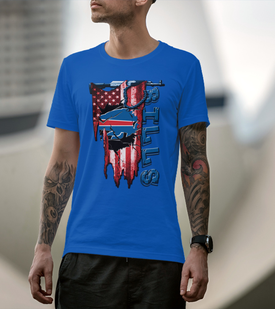 Buffalo Bills American Flag Chain Blue Logo Theme T-Shirt