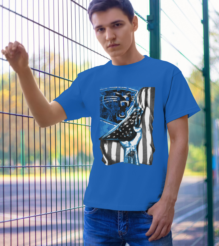 Carolina Panthers American Flag Hand Blue Graphic Fan Merchandise T-Shirt