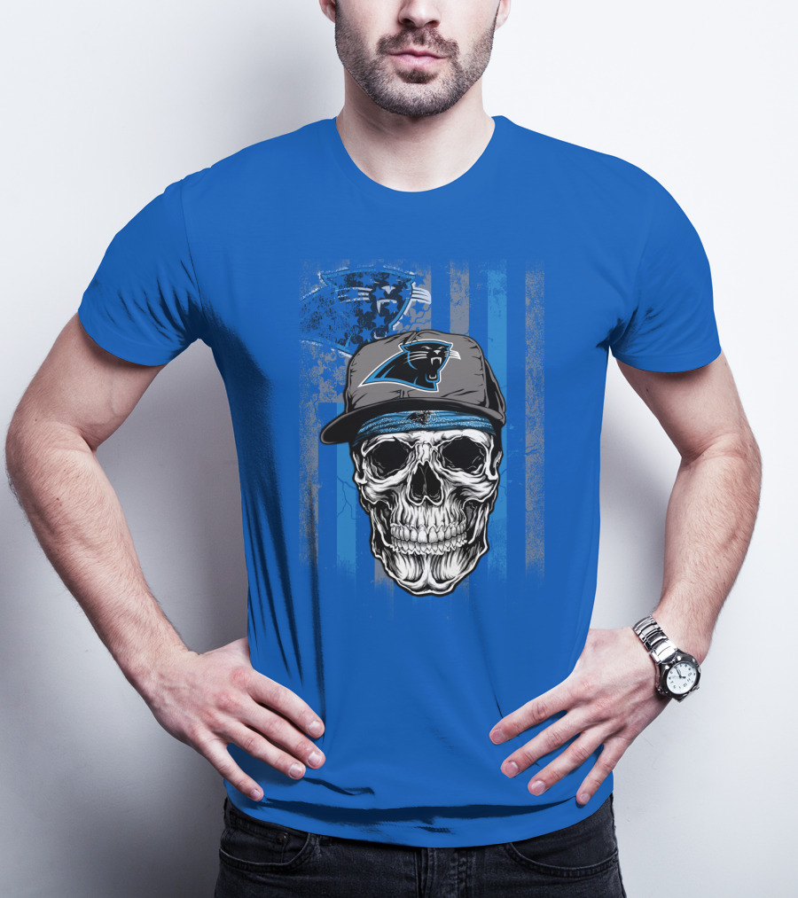 Carolina Panthers Skull With Hat And Striped T-Shirt