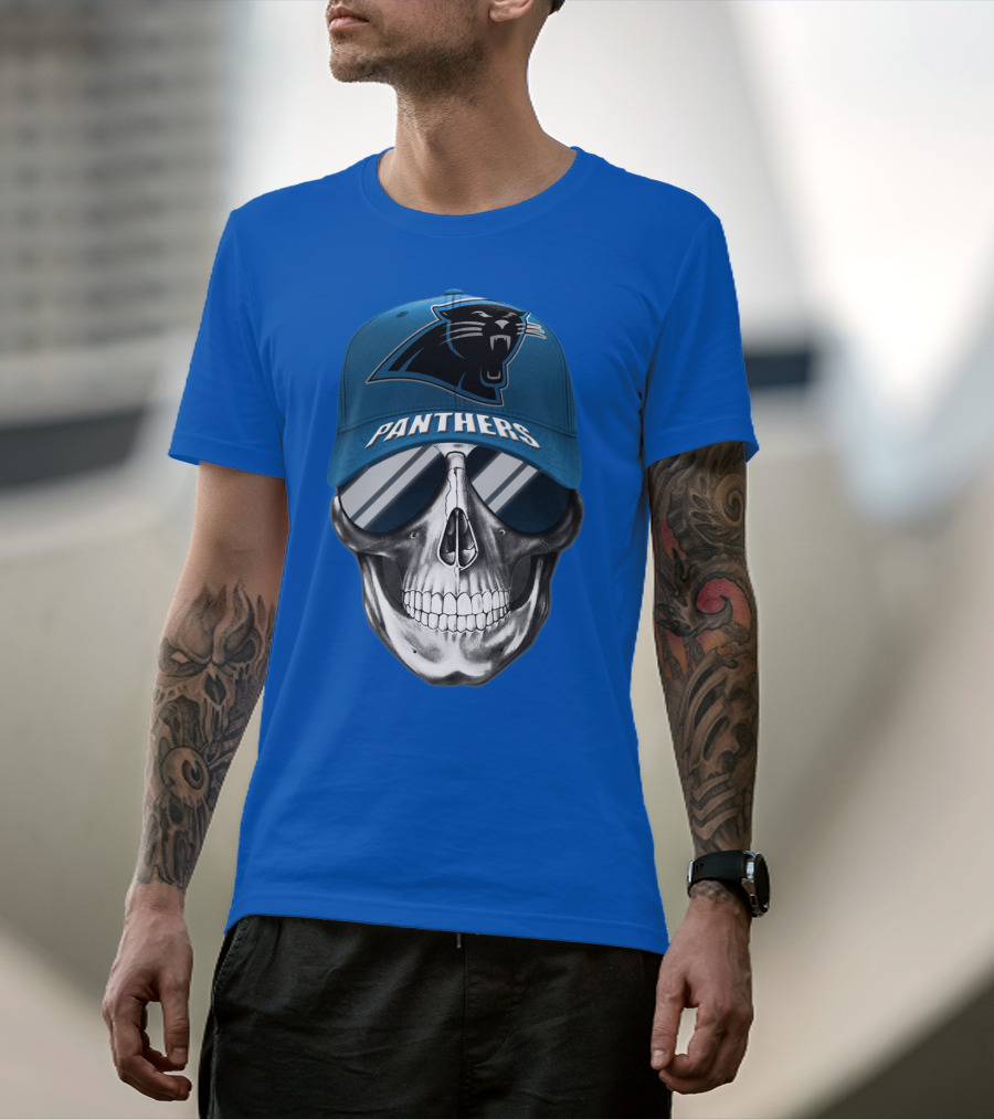 Carolina Panthers Skull Wearing Team Hat And Sunglasses T-Shirt