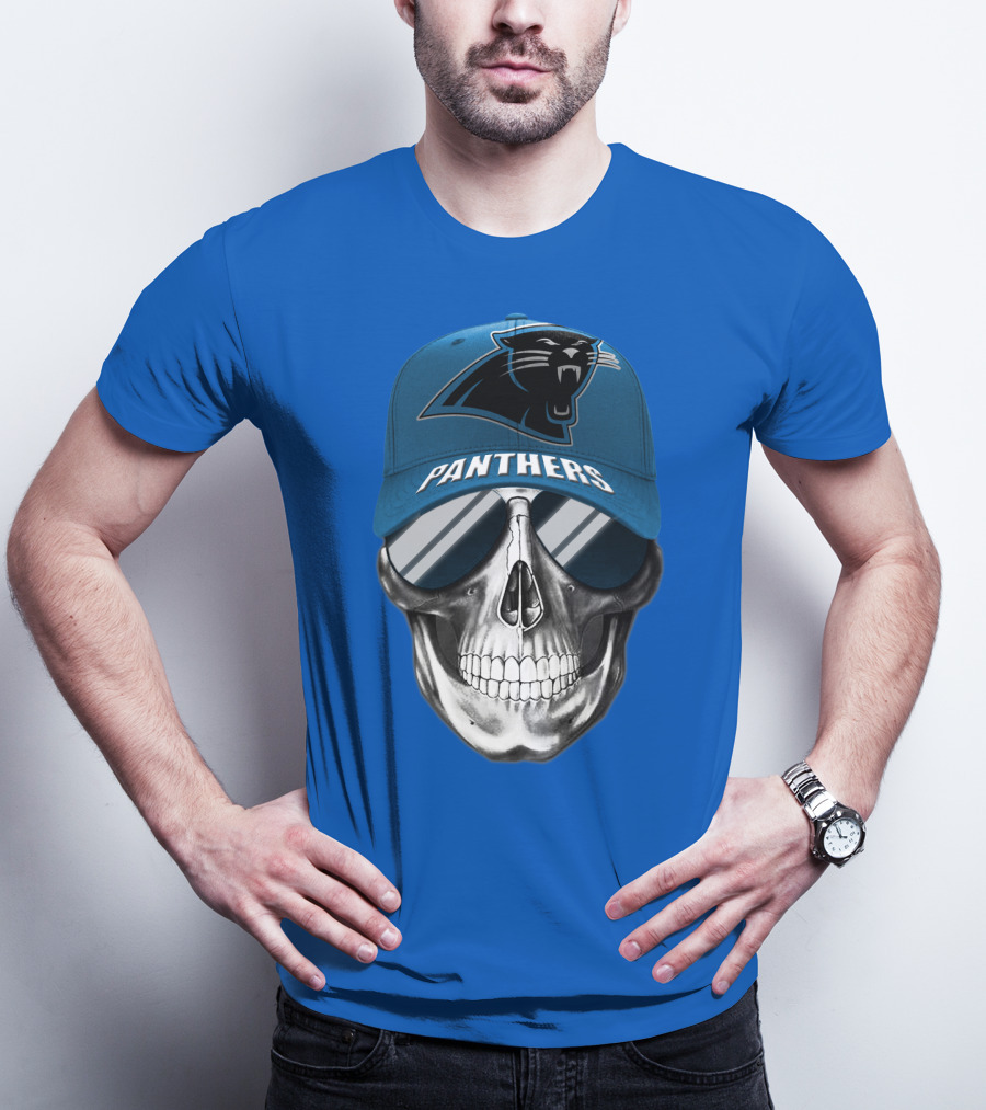 Carolina Panthers Skull Wearing Team Hat And Sunglasses T-Shirt