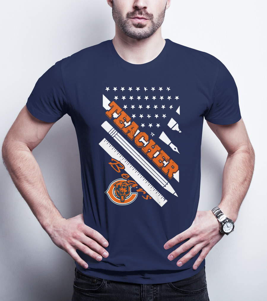 Chicago Bears Teacher American Flag Ruler And Pens T-Shirt