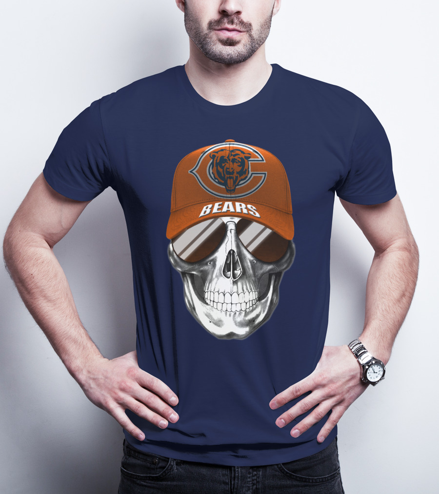 Chicago Bears Skull Cap With Logo And Sunglasses T-Shirt