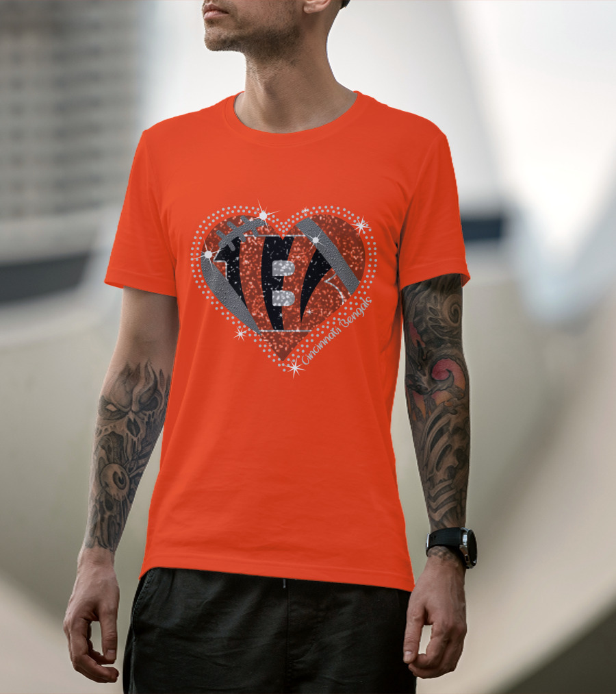 Cincinnati Bengals Heart Sparkle Football T-Shirt