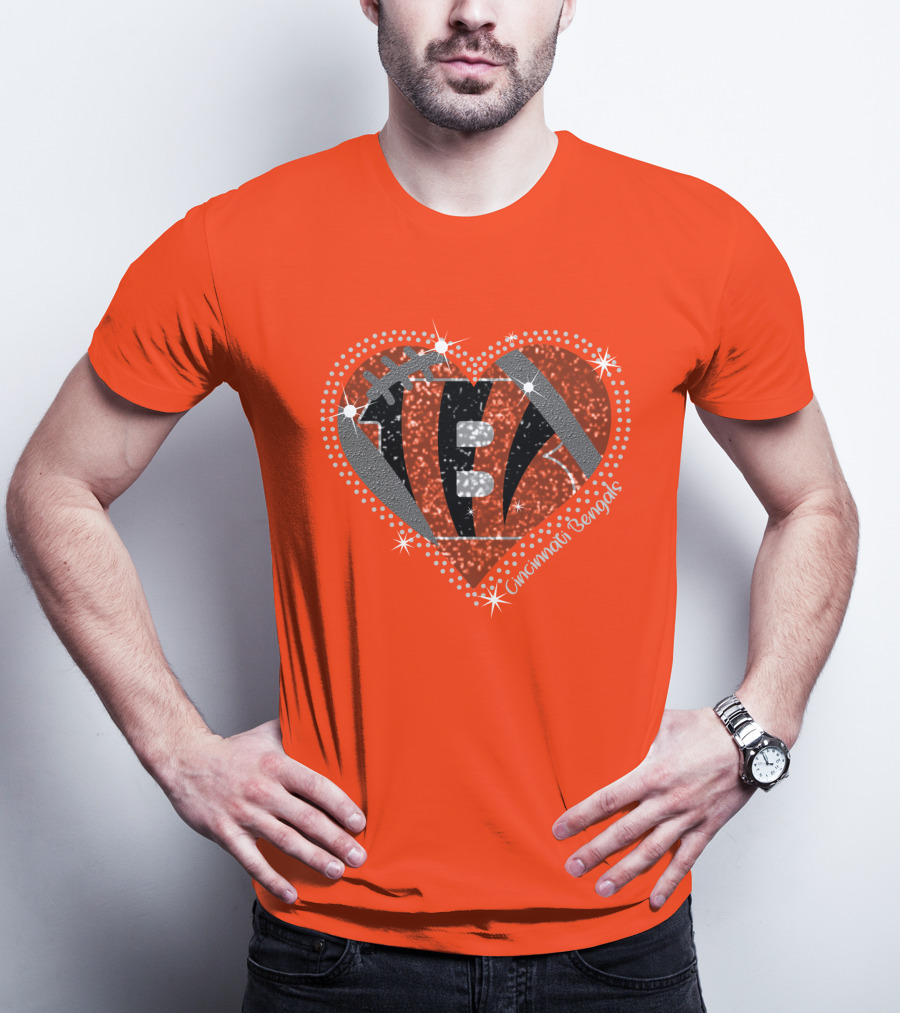 Cincinnati Bengals Heart Sparkle Football T-Shirt