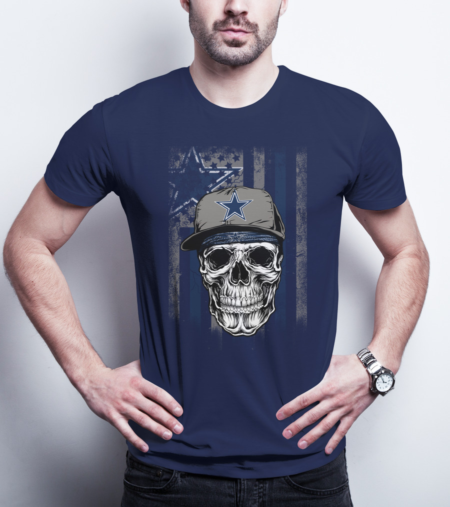 Dallas Cowboys Skull With Star Cap And Grunge Flag T-Shirt