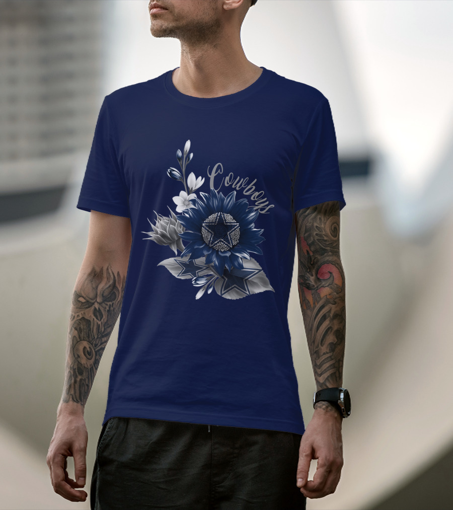 Cowboys Star Floral Design With Navy And Silver Accents T-Shirt