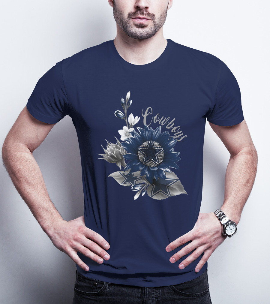 Cowboys Star Floral Design With Navy And Silver Accents T-Shirt