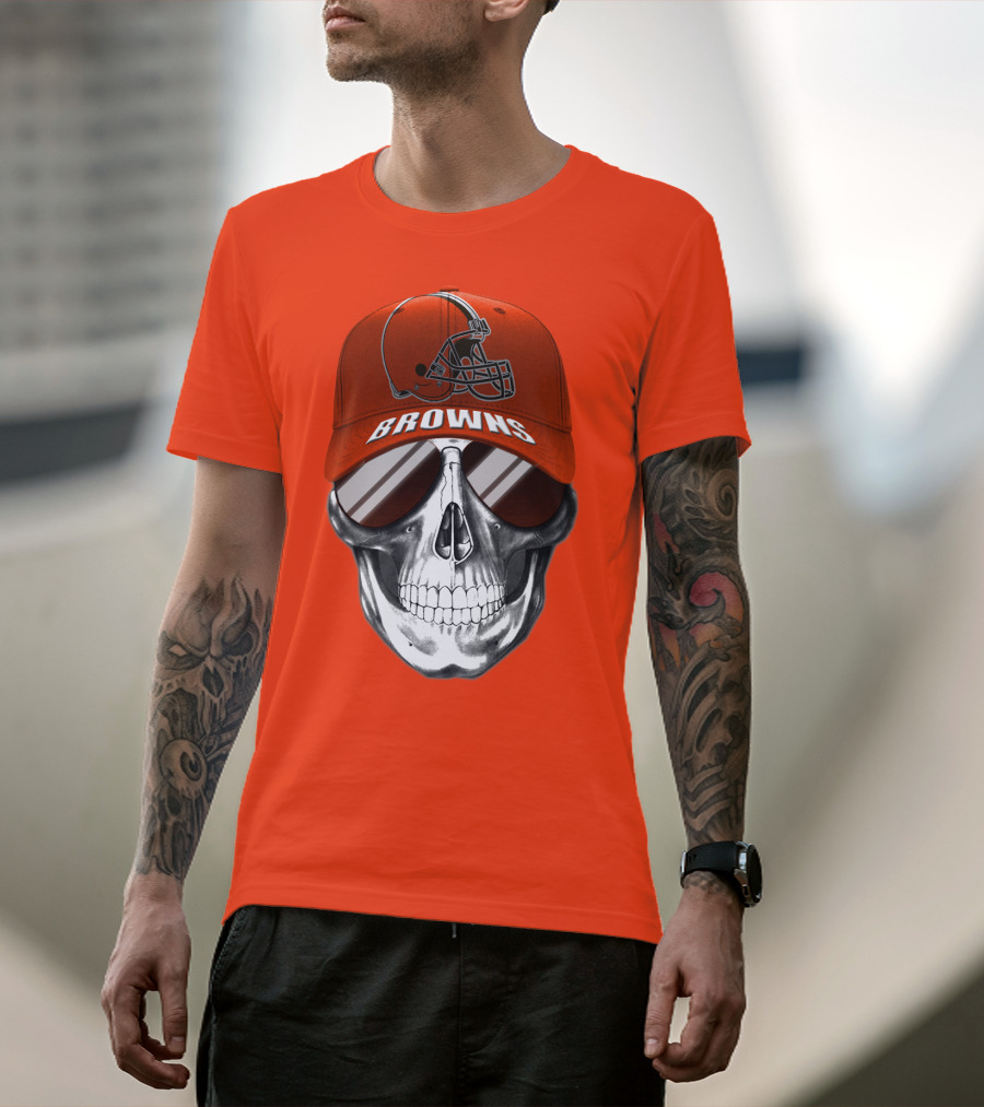 Cleveland Browns Skull Hat With Football Helmet Icon On Bright Orange T-Shirt