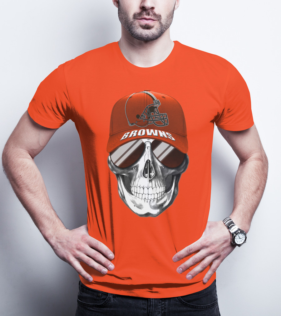 Cleveland Browns Skull Hat With Football Helmet Icon On Bright Orange T-Shirt
