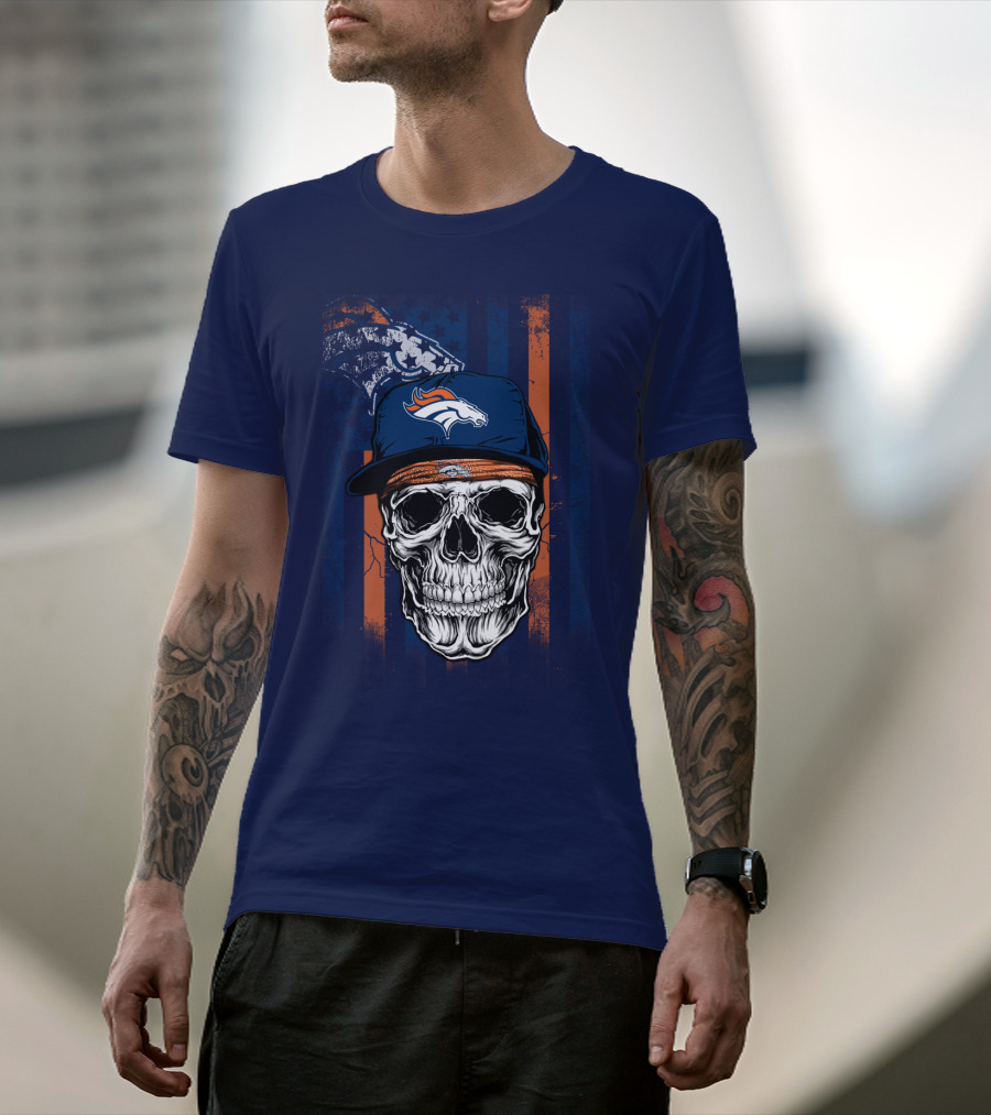Denver Broncos Skull With Cap And Logo На Тёмно-Синем Фоне T-Shirt