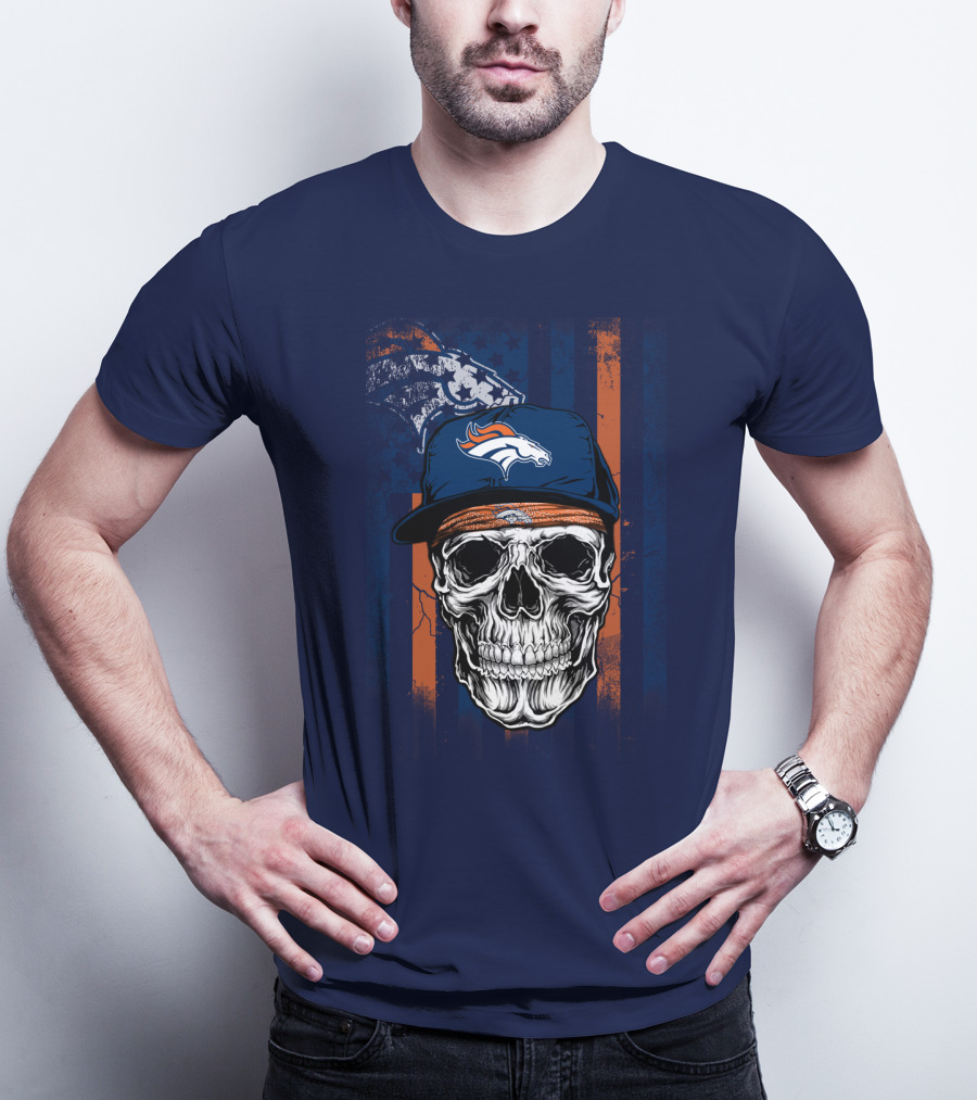 Denver Broncos Skull With Cap And Logo На Тёмно-Синем Фоне T-Shirt