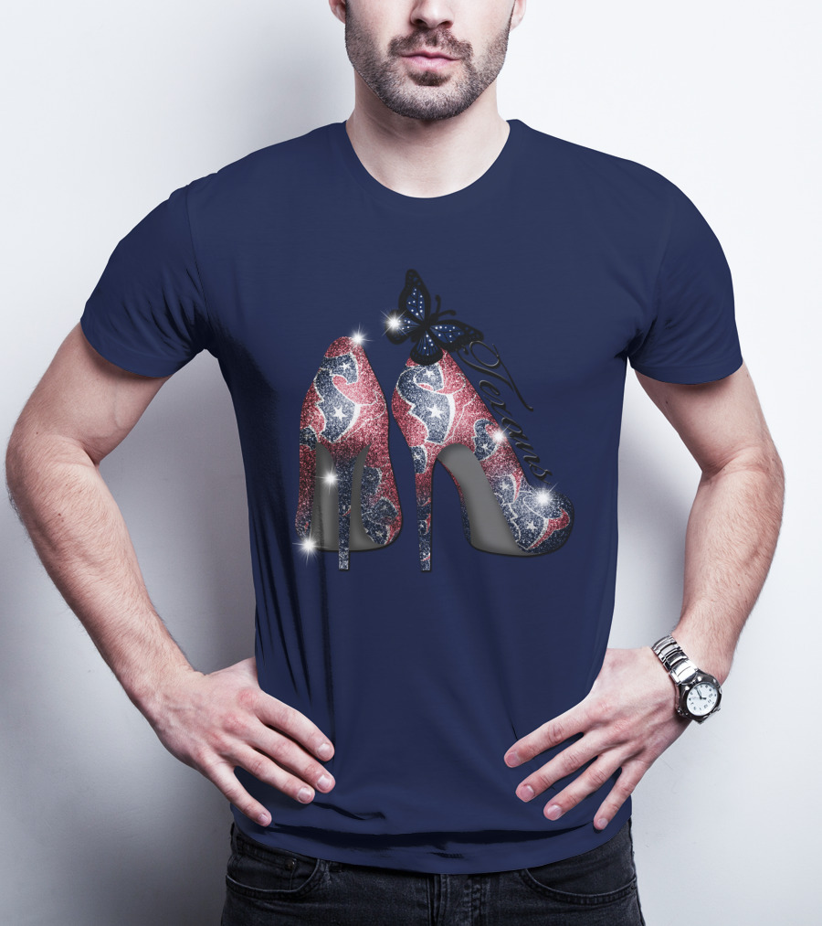 Texans High Heels With Butterfly Sparkle On Blue T-Shirt