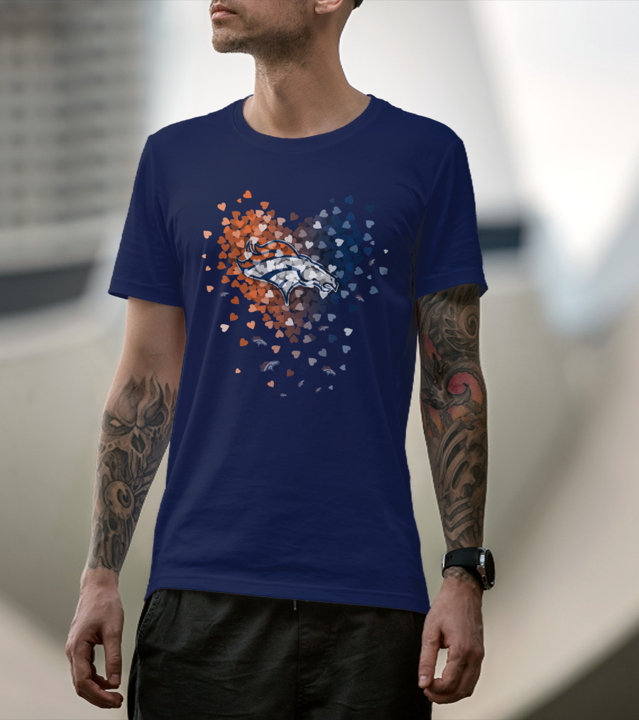 Denver Broncos Heart Logo With Orange And Blue Hearts T-Shirt
