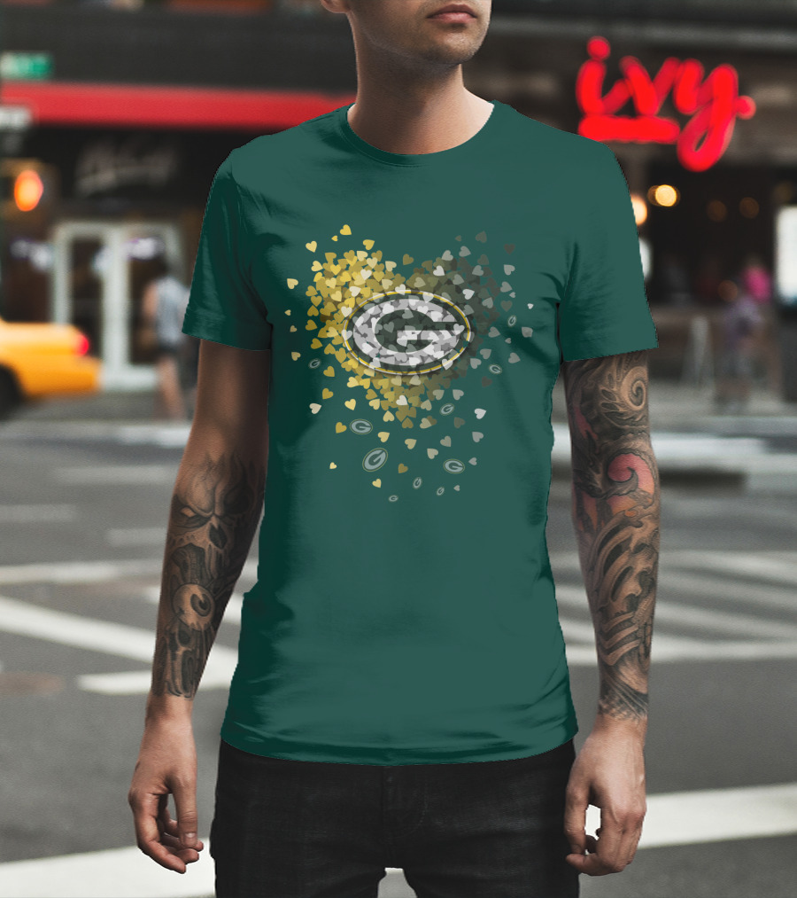 Green Bay Packers Heart Logo With Golden Hearts And Green T-Shirt