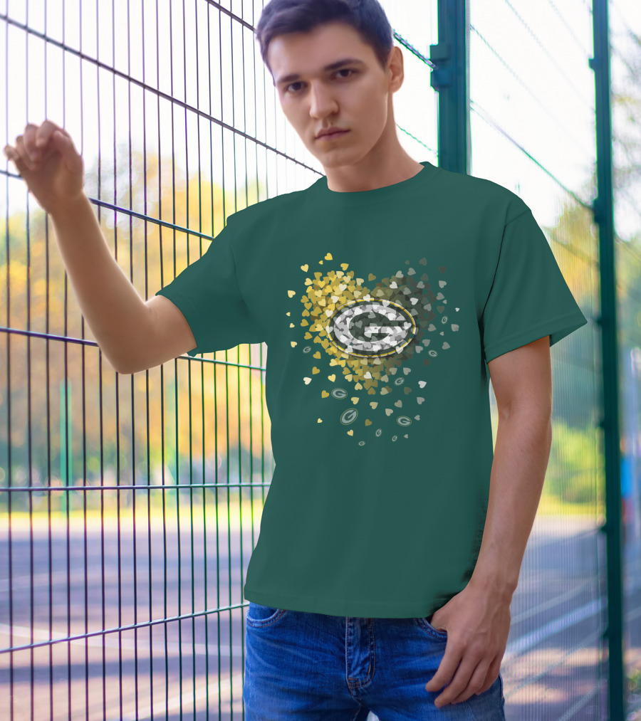 Green Bay Packers Heart Logo With Golden Hearts And Green T-Shirt