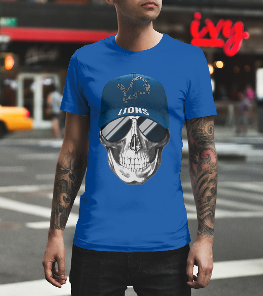 Detroit Lions Skull With Blue Cap And Sunglasses T-Shirt