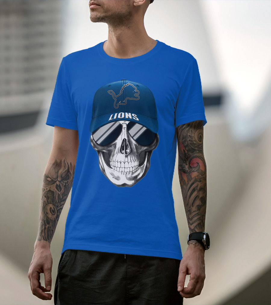 Detroit Lions Skull With Blue Cap And Sunglasses T-Shirt