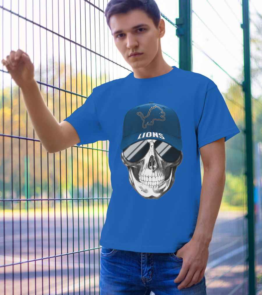 Detroit Lions Skull With Blue Cap And Sunglasses T-Shirt