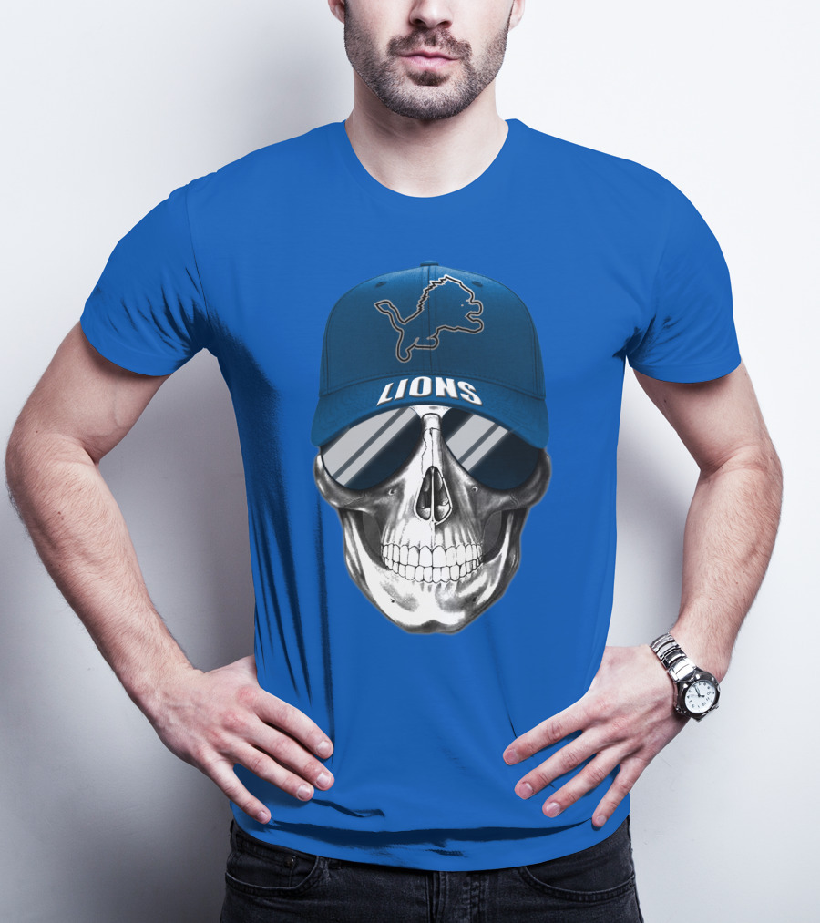 Detroit Lions Skull With Blue Cap And Sunglasses T-Shirt