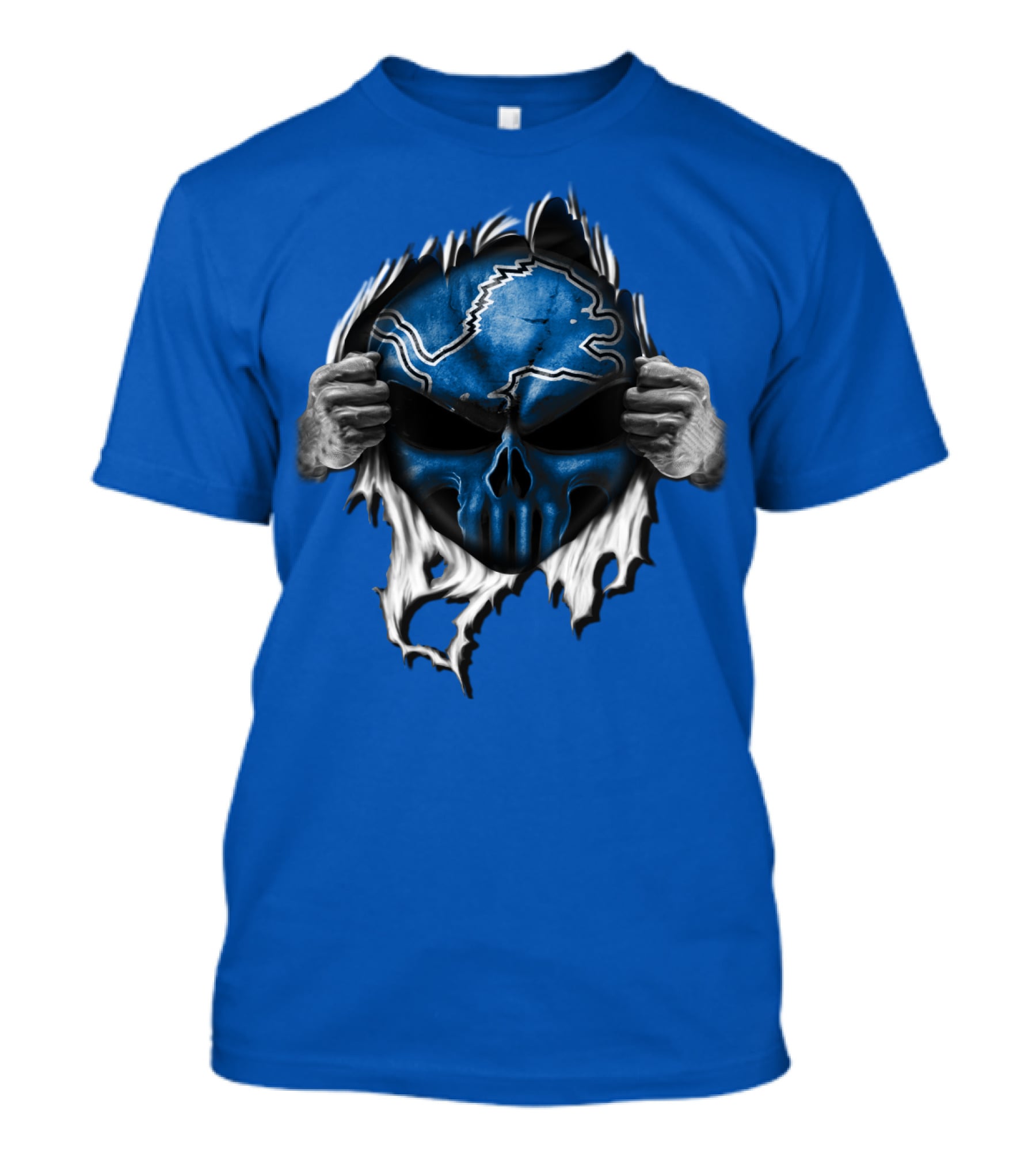Detroit Lions Skull Design Blue Ripped Background T-Shirt