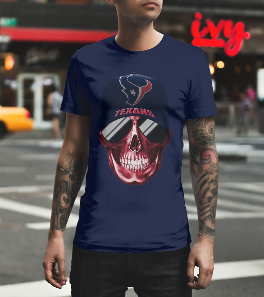 Houston Texans Skull With Cap And Sunglasses T-Shirt